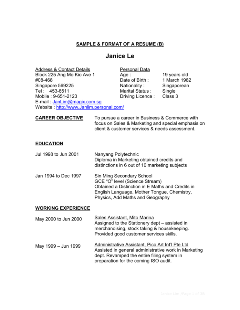 sample & format of a resume