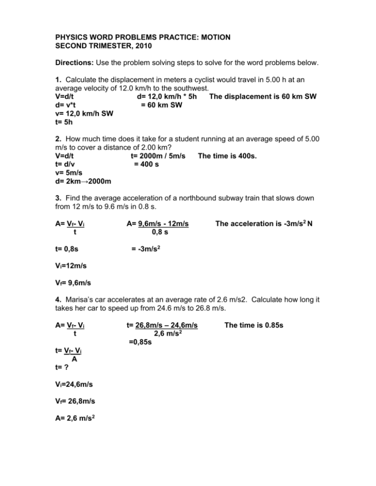 Physics Word Problems Practice Motion SCIENCE
