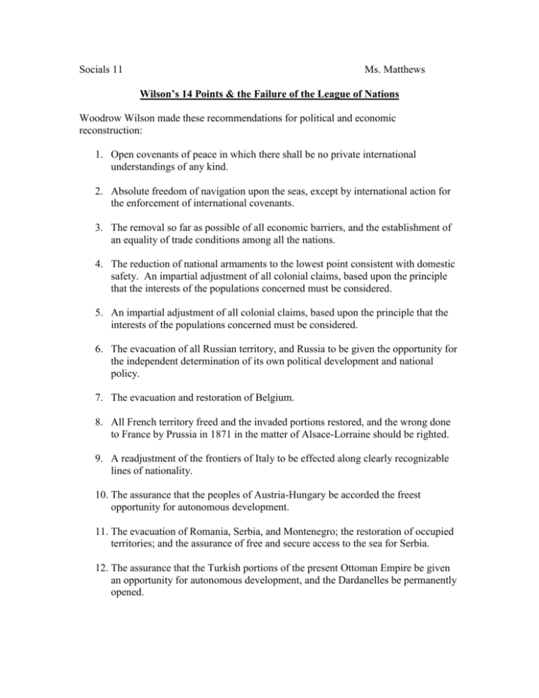Wilson's 14 Points & the Failure of the League of Nations