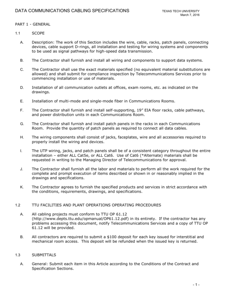 Data Communications Cabling Specifications
