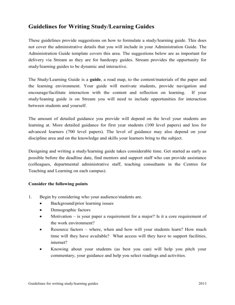 Guidelines For Writing Study Guides Learning Guides Guidelines For Writing Study Guides Learning Guides