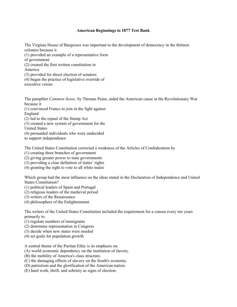 American Beginnings to 1877 Test Bank - PHS-Test-Bank