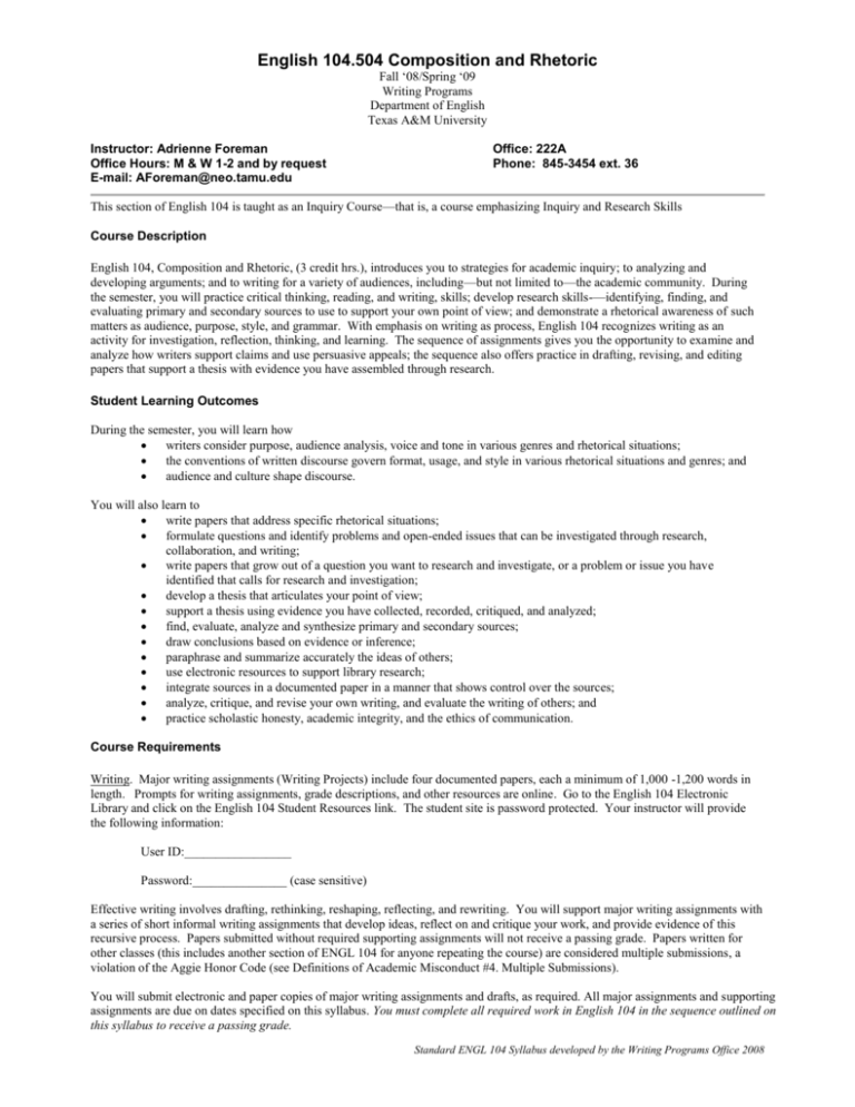 English 104, Composition and Rhetoric