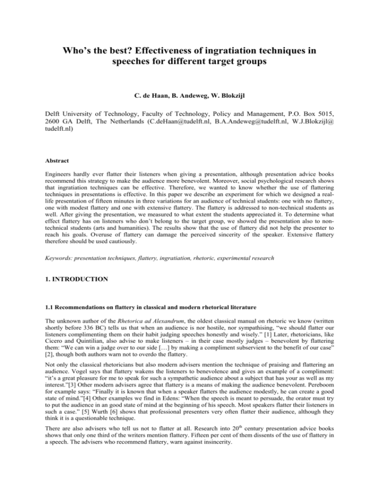 Who's the best? Effectiveness of ingratiation techniques in speeches