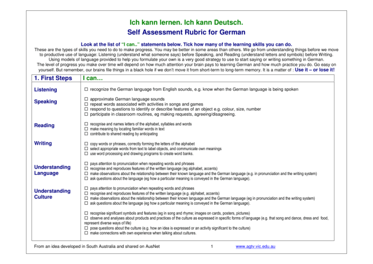 Ich kann lernen. Ich kann Deutsch. Self Assessment Rubric for German