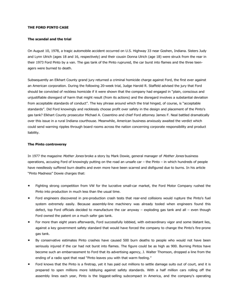 THE FORD PINTO CASE The scandal and the trial On August 10