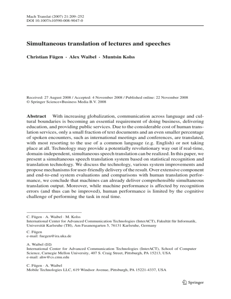 Simultaneous translation of lectures and speeches
