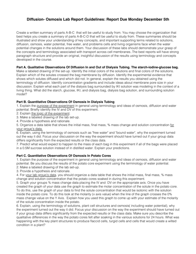 Diffusion- Osmosis Lab Report Guidelines: Report Due Monday
