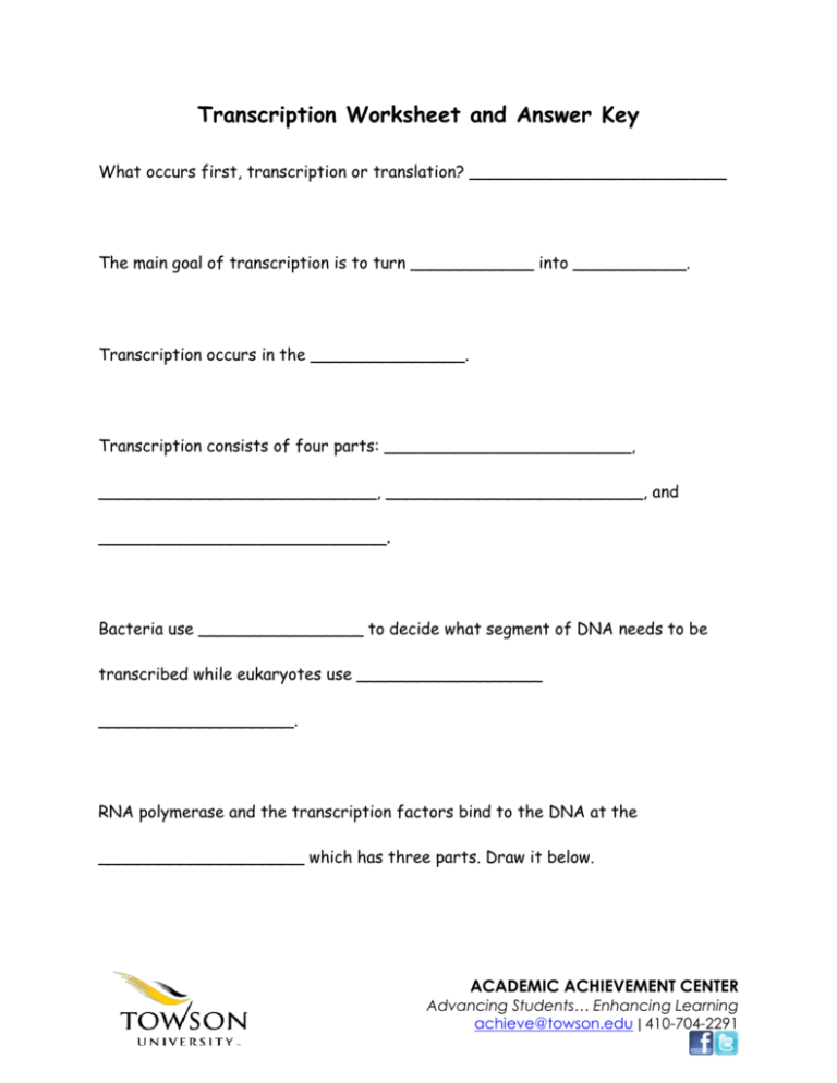 Transcription Worksheet and Answer Key