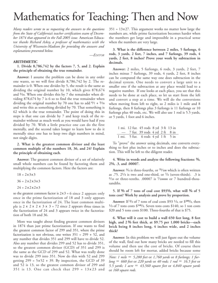 Mathematics for Teaching: Then and Now