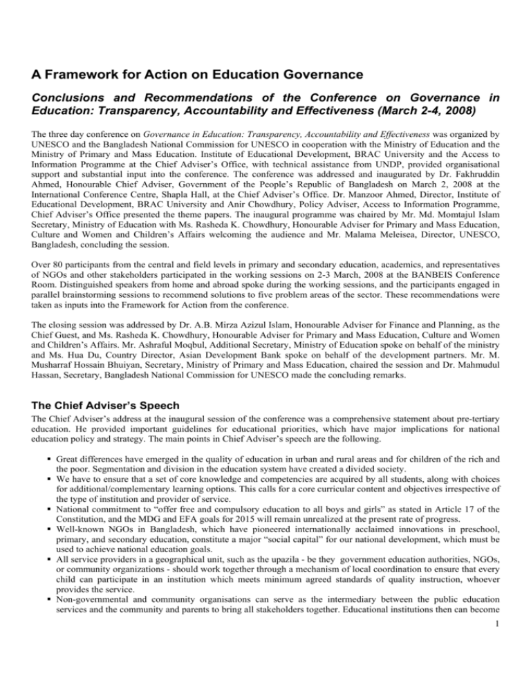 A Framework for Action on Education Governance