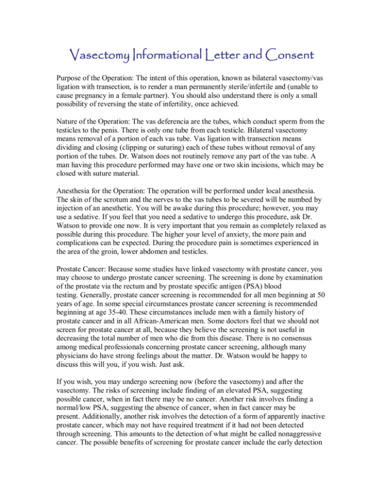 Vasectomy Informational Letter and Consent
