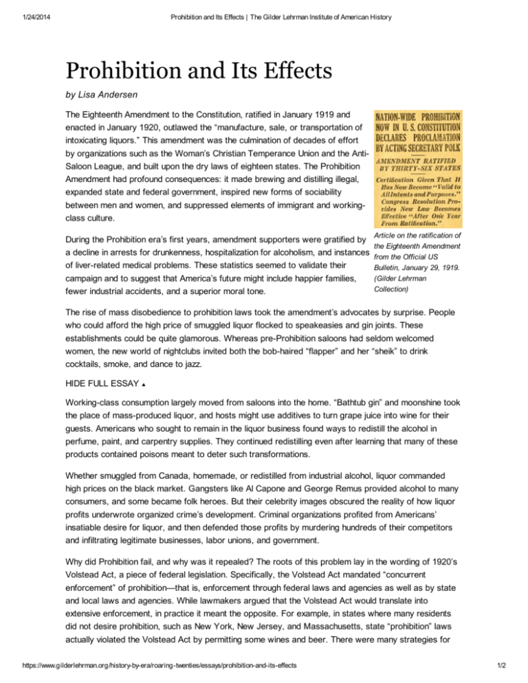 Prohibition and Its Effects