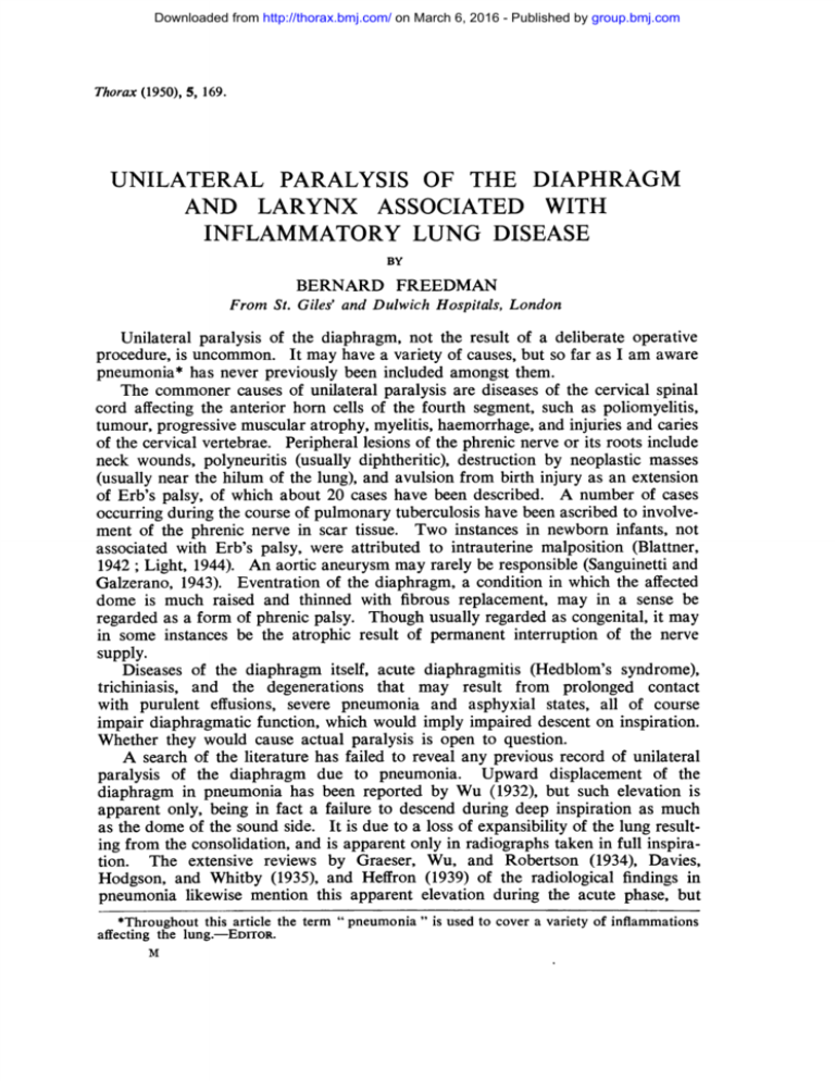 unilateral paralysis of the diaphragm and larynx associated