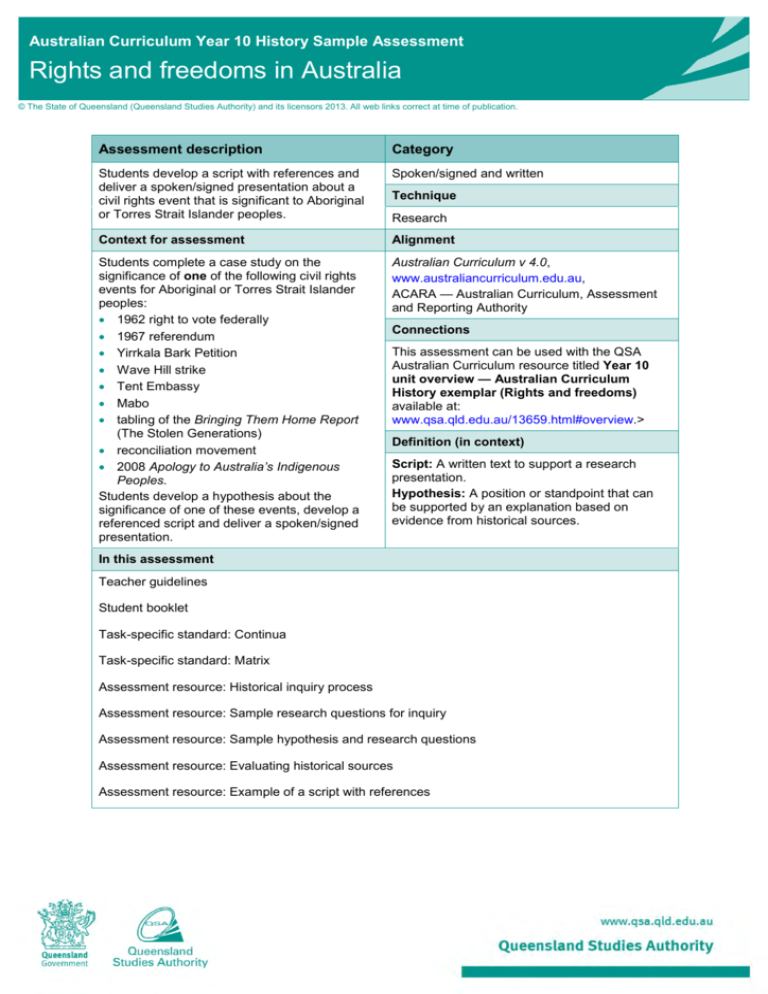 Year 10 History Sample assessment Teacher guidelines | Rights