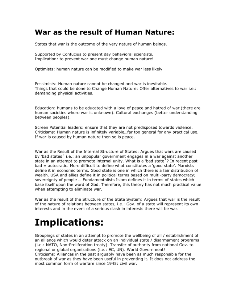 War as the result of Human Nature