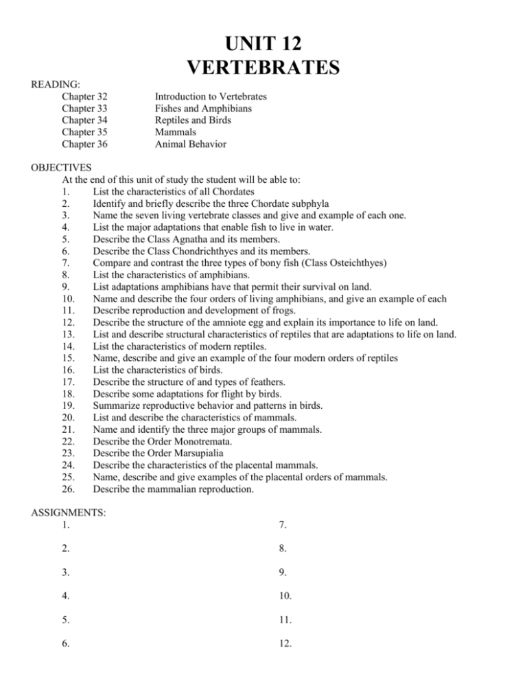 UNIT 12 VERTEBRATES READING: Chapter 32 Introduction to V