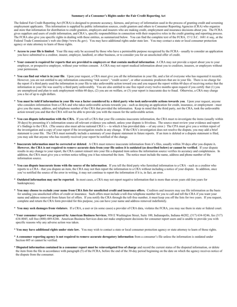 Summary Of A Consumer s Rights Under The Fair Credit Reporting Act summary-of-a-consumer-s-rights-under-the-fair-credit-reporting-act