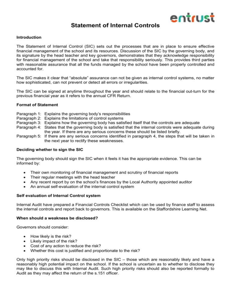 Statement of Internal Control