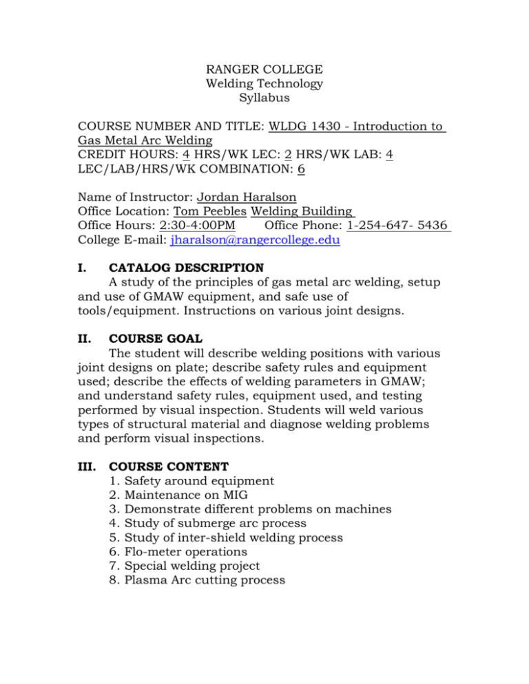 RANGER COLLEGE Welding Technology Syllabus COURSE