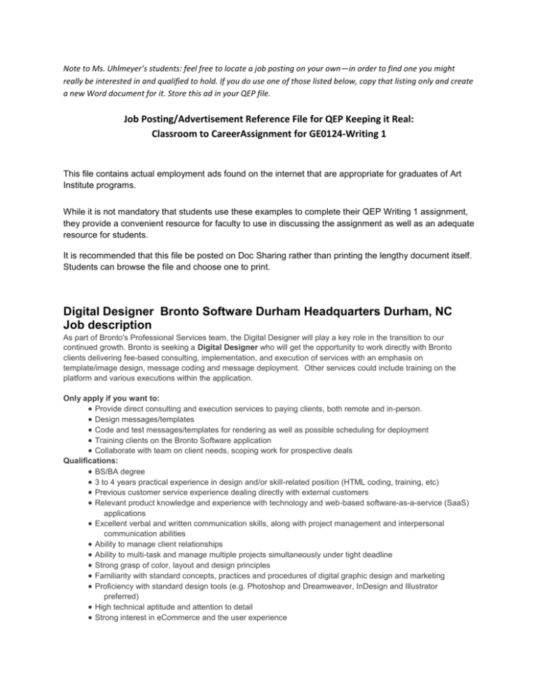 Job Posting/Advertisement Reference File