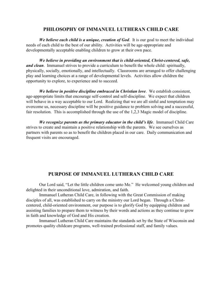 PHILOSOPHY OF IMMANUEL LUTHERAN CHILD CARE