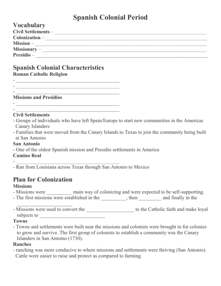 Spanish Colonial Period Notes (Fill in the Blank) Outline