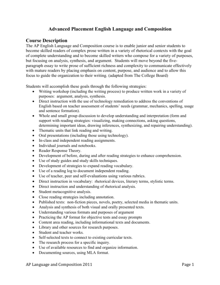 Advanced Placement English Language And Composition Course Advanced Placement English Language And Composition Course