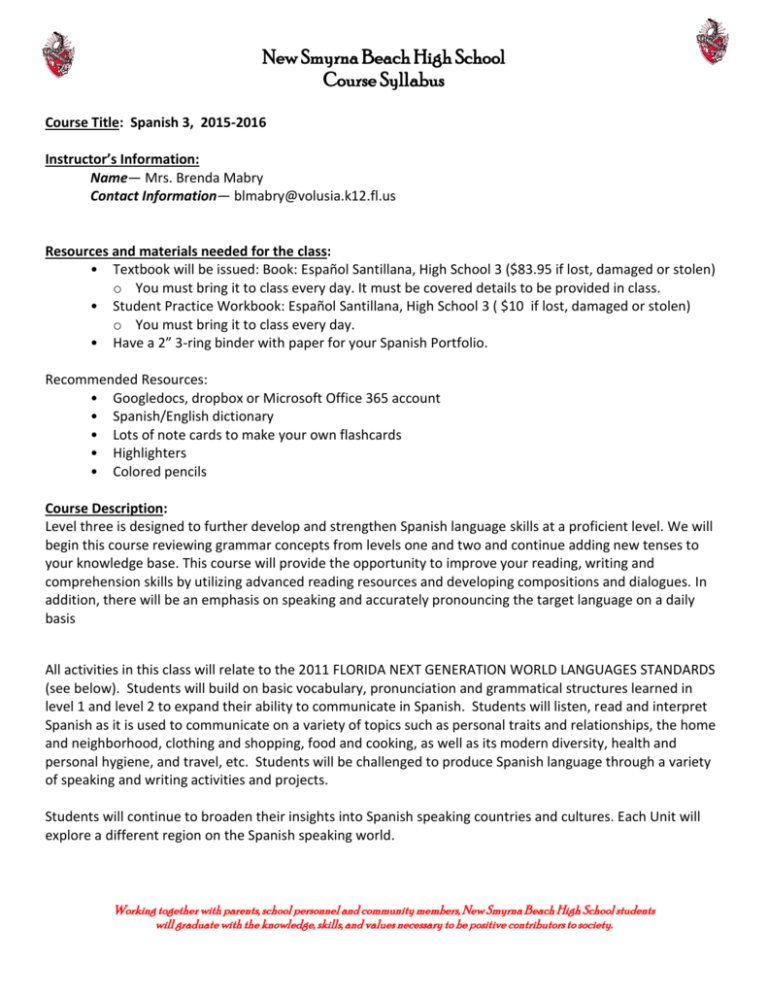 New Smyrna Beach High School Course Syllabus New Smyrna Beach High School Course Syllabus