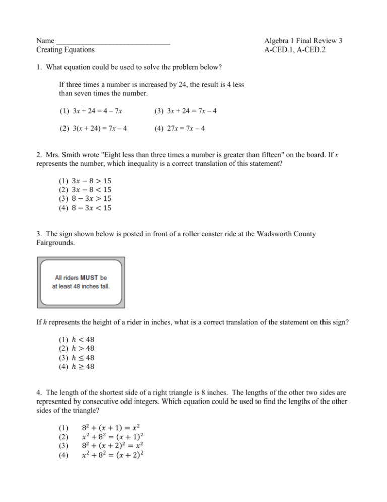 Name Algebra 1 Final Review 3 Creating Equations A name-algebra-1-final-review-3-creating-equations-a