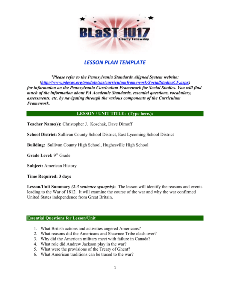 War of 1812 Lesson Plan and Supporting Resources
