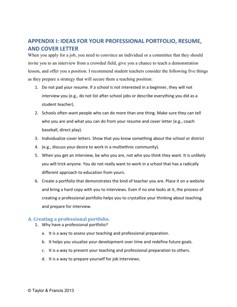 appendix i: ideas for your professional portfolio, resume, and cover