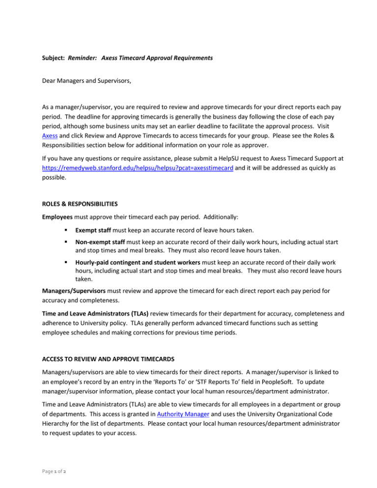 Axess Timecard Approval Requirements for Managers