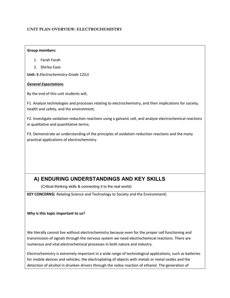 Electrochemistry Unit Plan: Grade 12 Redox Reactions