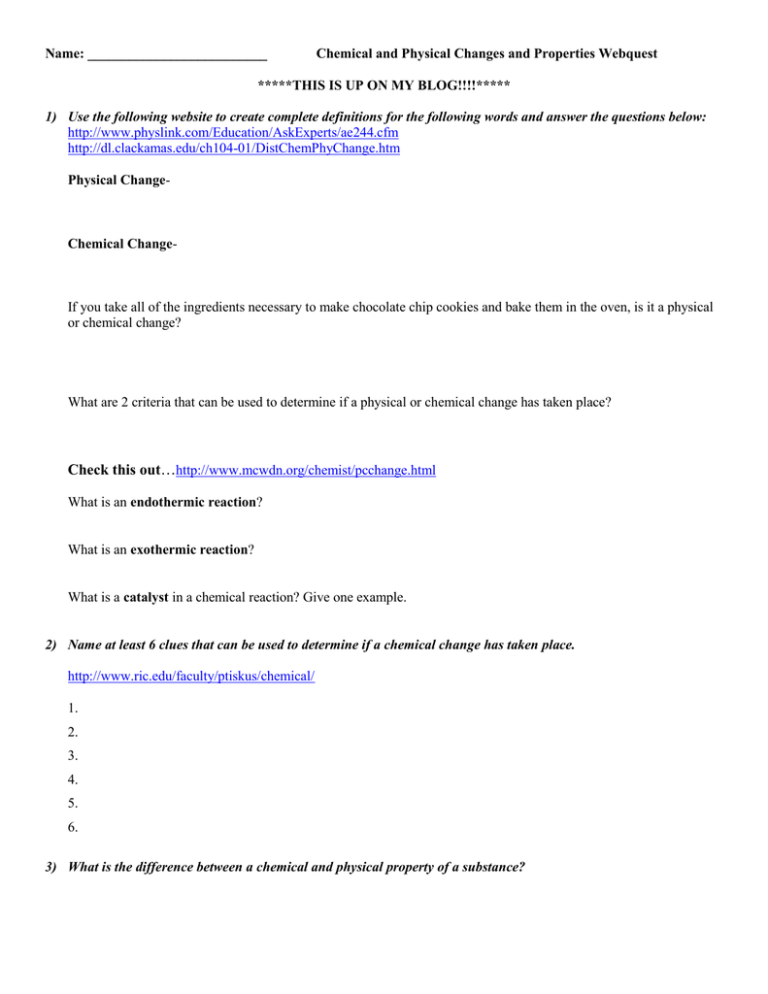 Chemical & Physical Changes Webquest: Definitions & Quiz