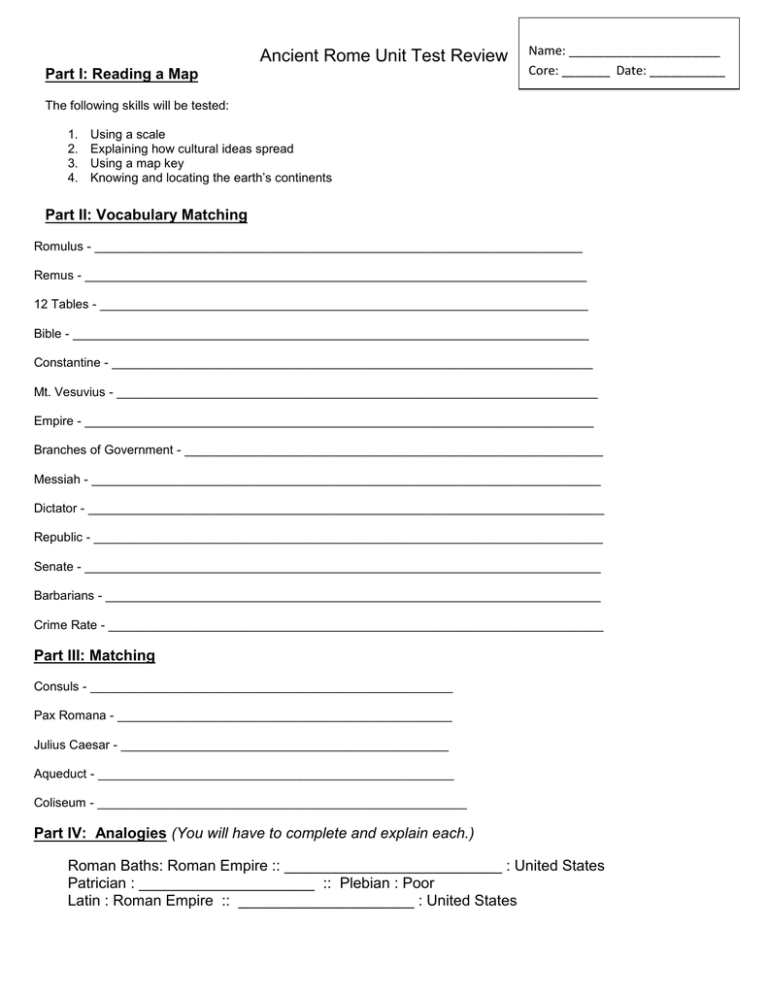 Ancient Rome Unit Test Review