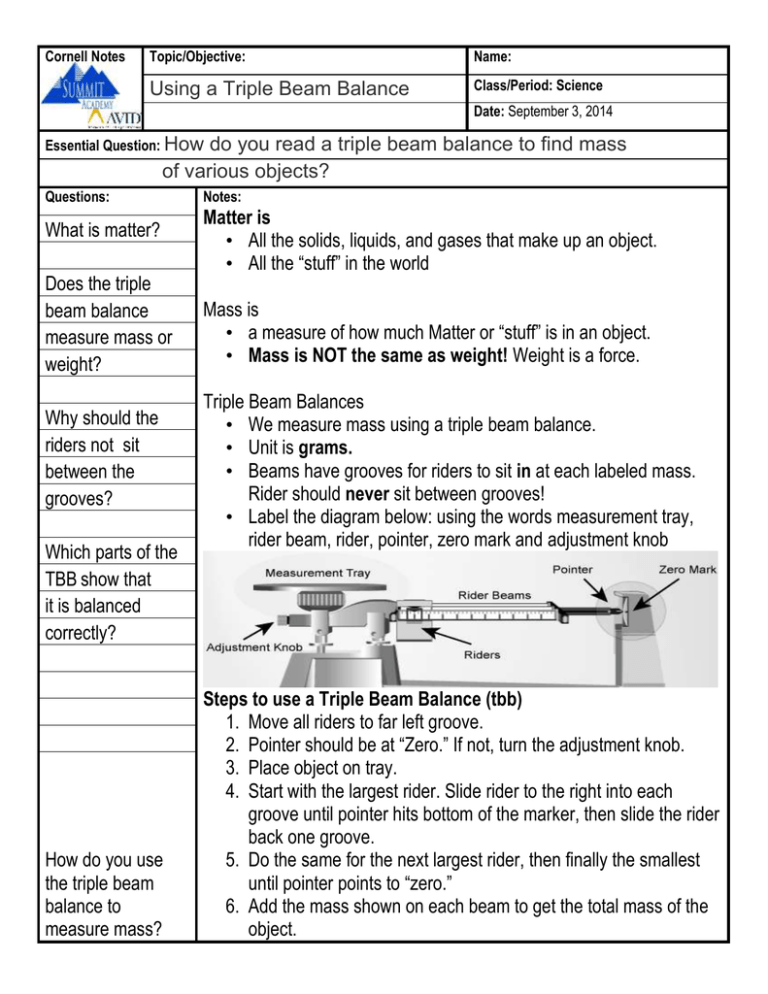 Triple Beam Balance: Measuring Mass - Cornell Notes