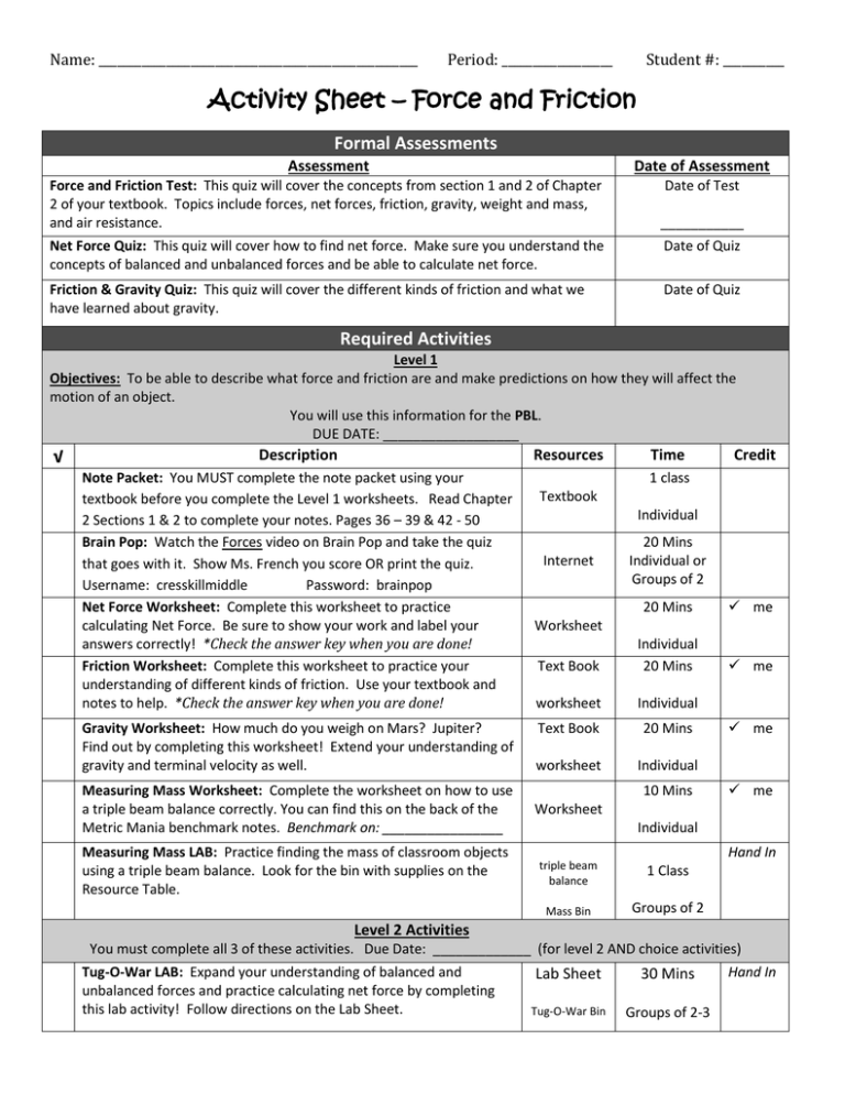 Force and Friction Activity Sheet - Middle School