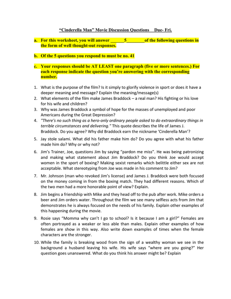 Cinderella Man Movie Discussion Questions Worksheet