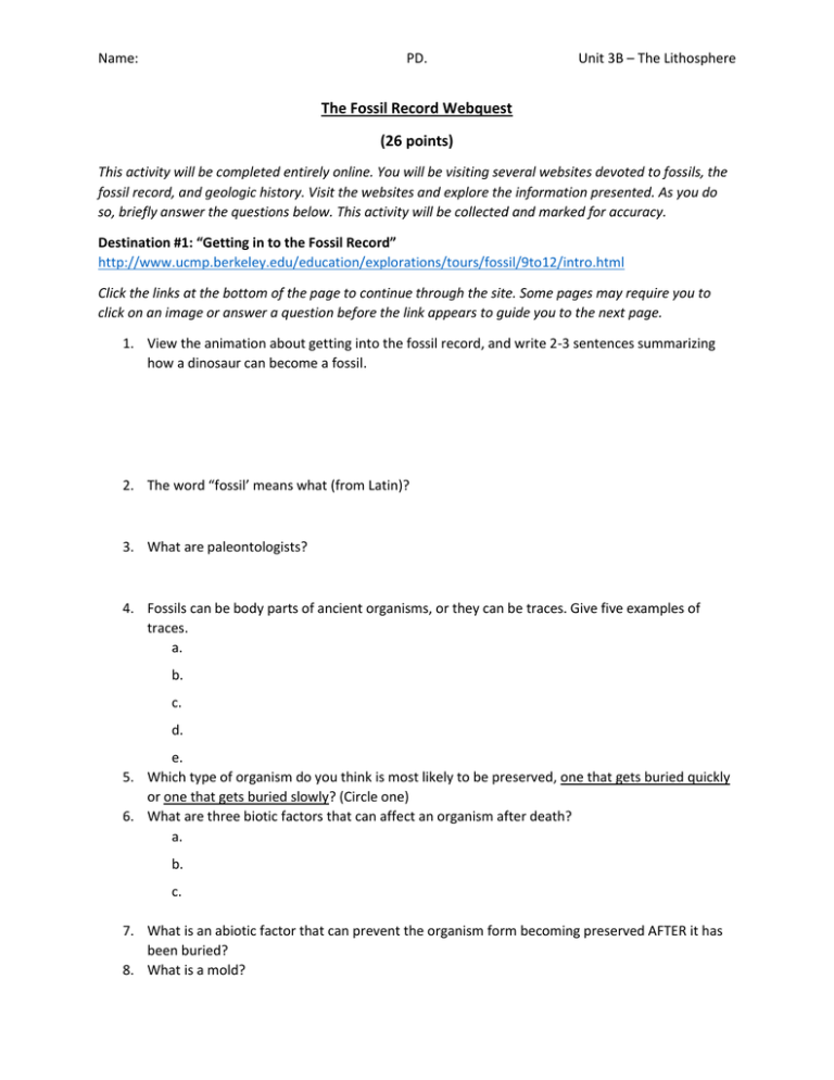 Fossil Record Webquest: Exploring Paleontology & Geologic History