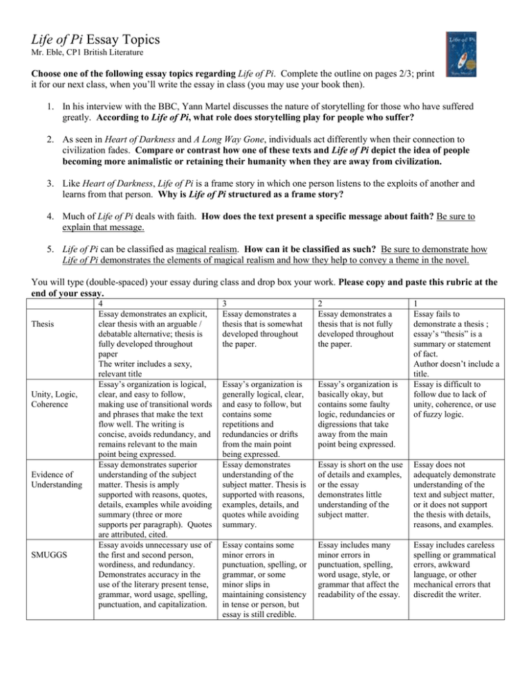 Life of Pi Essay Topics & Outline - High School Literature