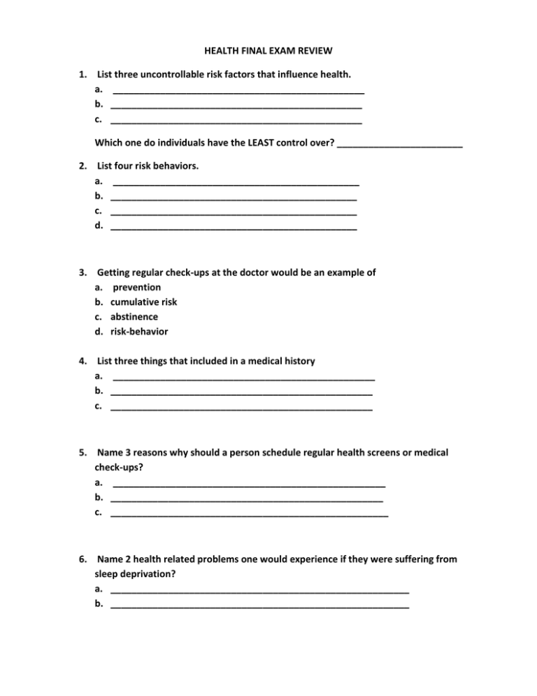 HEALTH FINAL EXAM REVIEW HEALTH FINAL EXAM REVIEW