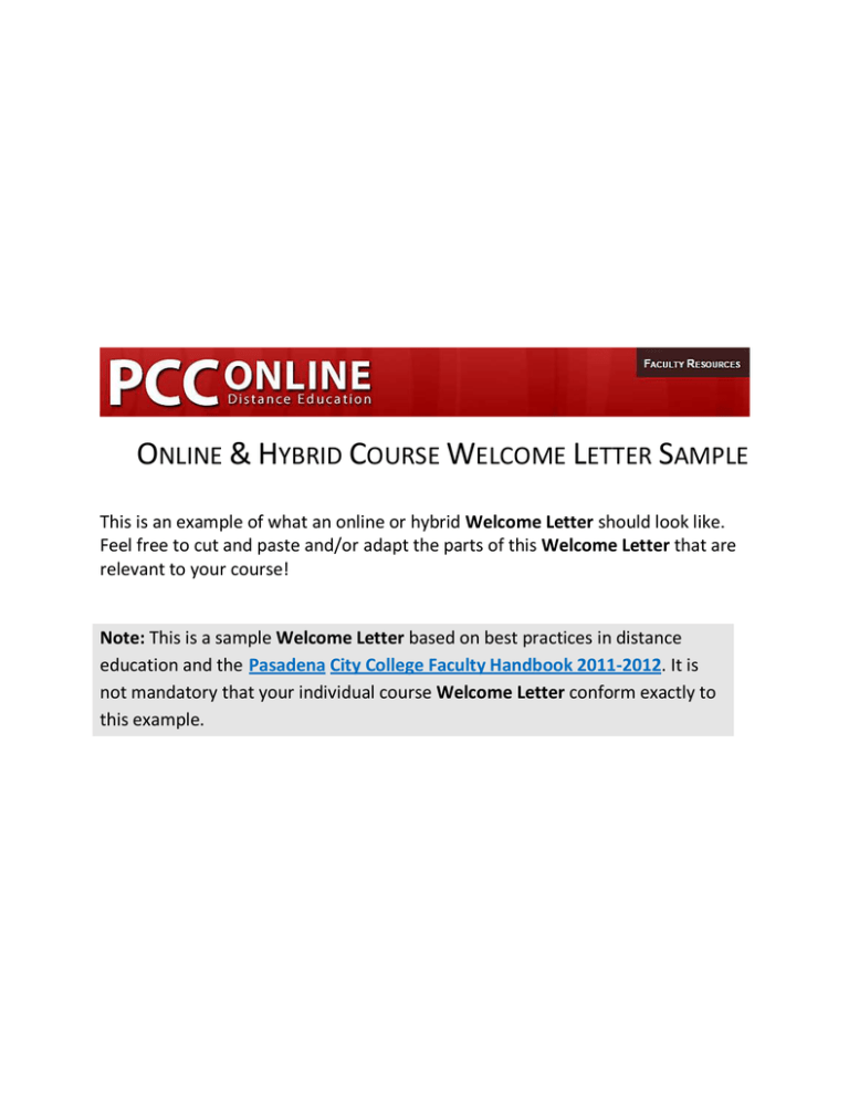 Online/Hybrid Course Welcome Letter Sample - Pasadena City College
