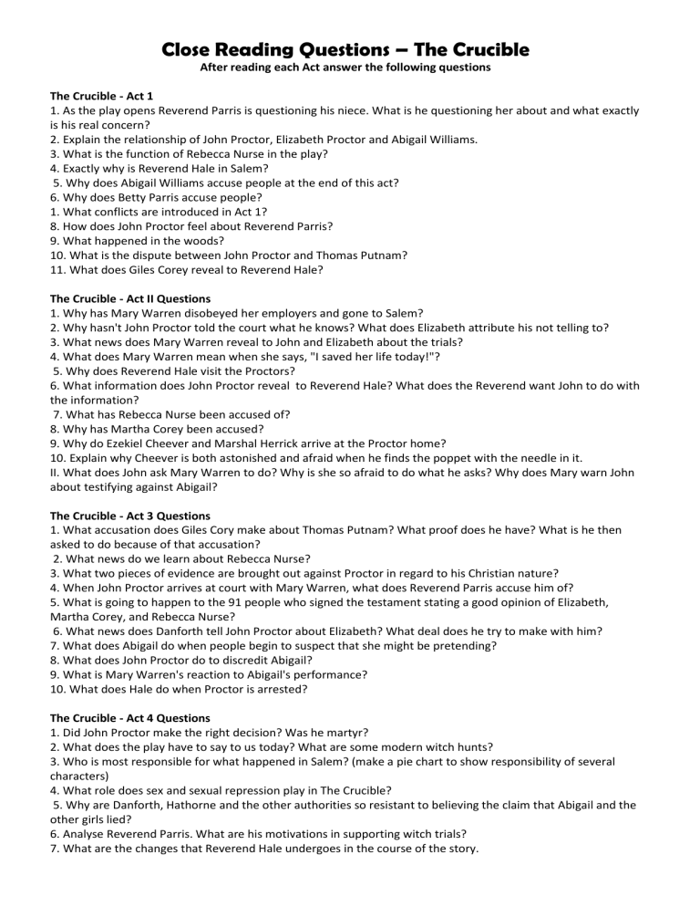 The Crucible: Close Reading Questions by Act