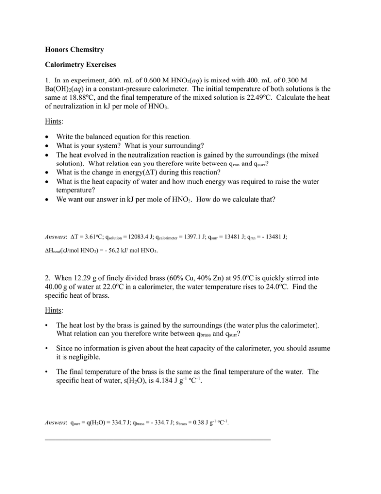 Calorimetry Exercises: Honors Chemistry Problems