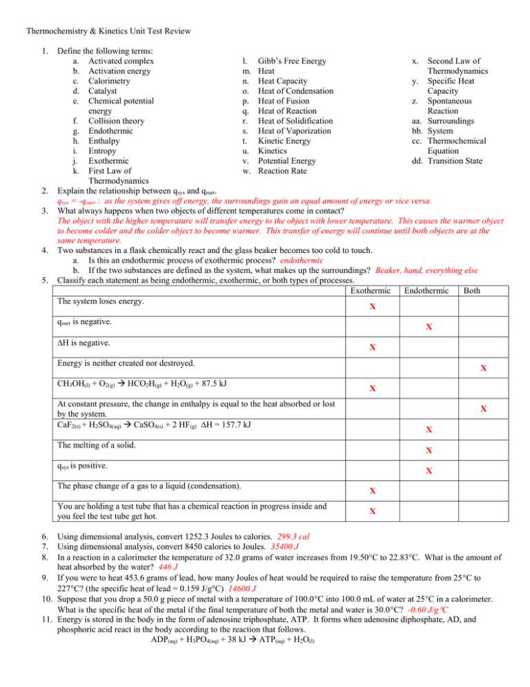 Thermochemistry & Kinetics Unit Test Review