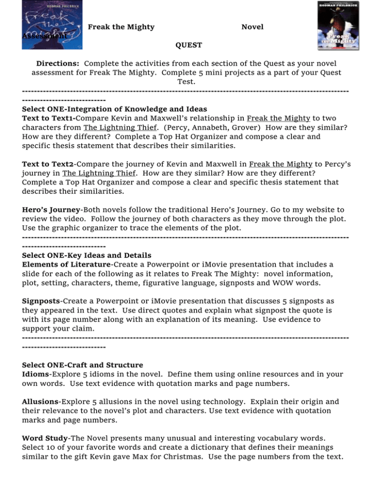 Freak the Mighty Novel Assessment Quest