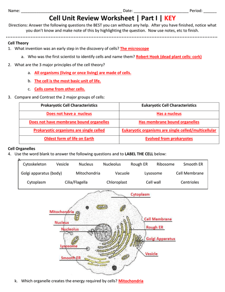 Cell Unit Review Worksheet: Cell Theory & Organelles