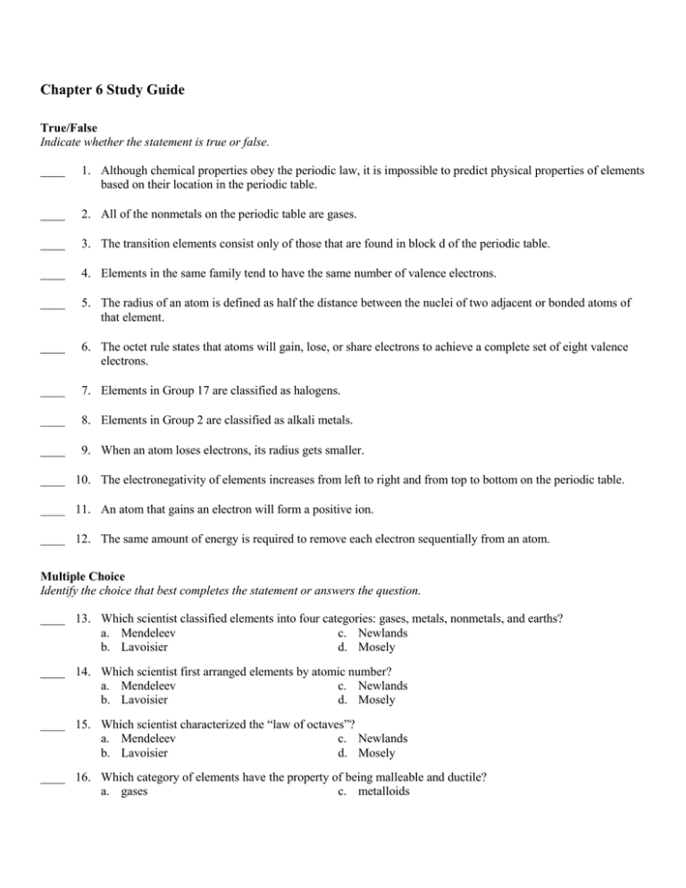 Chapter 6 Chemistry Study Guide: Periodic Table & Trends