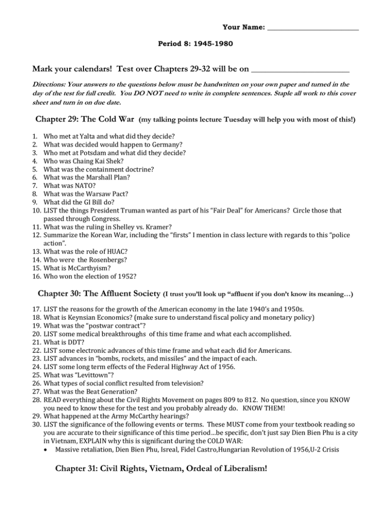 US History Study Guide: 1945-1980 - Cold War to Crisis